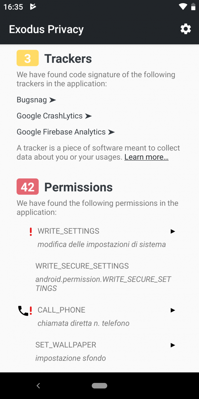 Exodus Privacy mostra i tracker e i permessi delle app