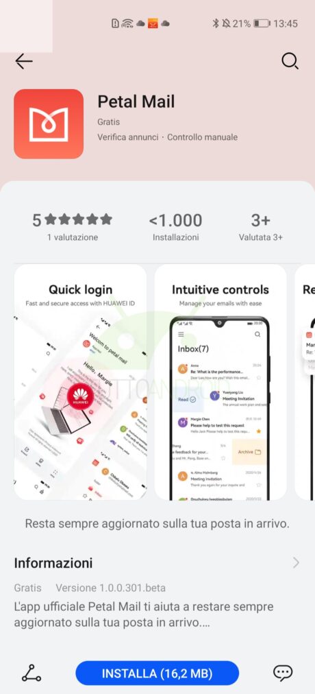 Petal Mail è disponibile al download su Huawei AppGallery