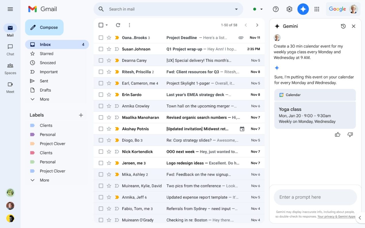 Il pannello laterale Gemini di Gmail si arricchisce con Google Calendar