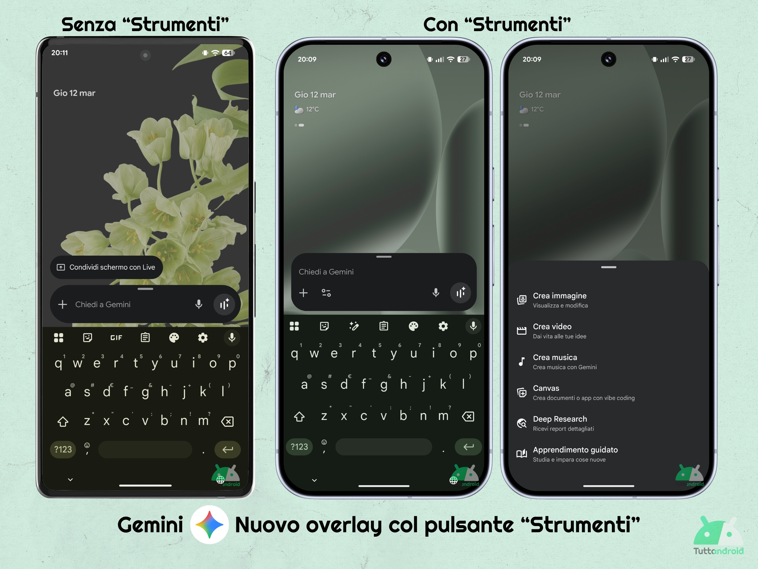Il nuovo overlay di Gemini col pulsante "Strumenti" è in rollout per tutti